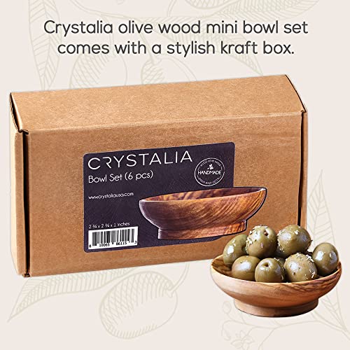 Crystalia Olive Wood Mini Bowls Set of 6, Round Small Size Wooden Serving Cups for Condiments Nuts Food Sauce & Seasoning, Natural Handmade Side Dishes, Decorative Charcuterie Wooden Dipping Bowls