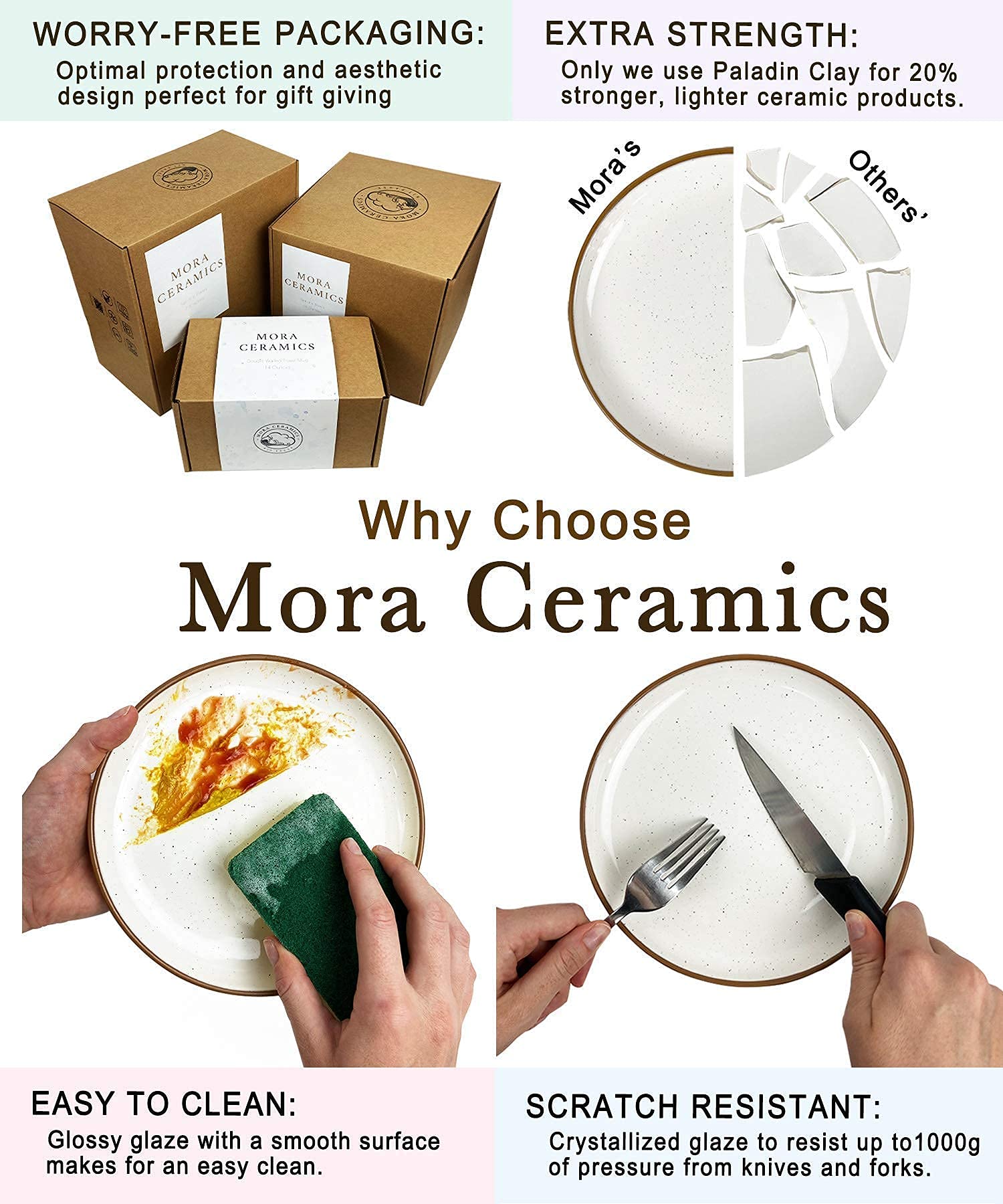 Mora Ceramic Bowls and Plates Set, Vanilla White - Cereal Bowls and Salad Plates Bundle - Dishwasher, Microwave, and Oven Safe