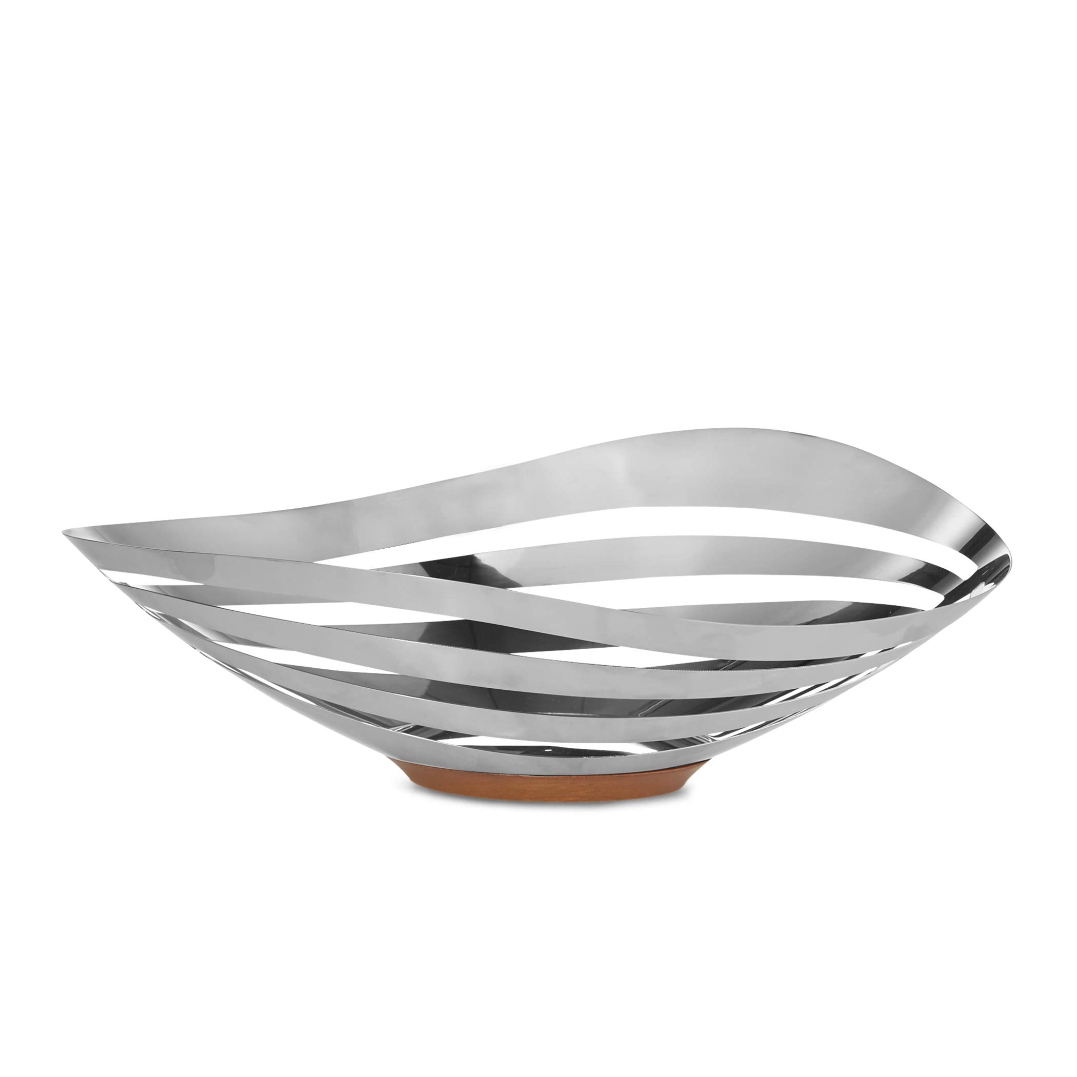 Nambe - Pulse Collection - Bread & Fruit Bowl - Measures at 16.25" x 8.5" x 5.5" - Made with Acacia Wood and Stainless Steel - Designed by Sena & Seidenfaden Design