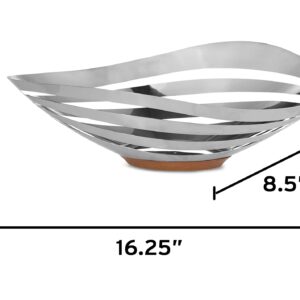 Nambe - Pulse Collection - Bread & Fruit Bowl - Measures at 16.25" x 8.5" x 5.5" - Made with Acacia Wood and Stainless Steel - Designed by Sena & Seidenfaden Design