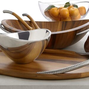 Nambe - Pulse Collection - Bread & Fruit Bowl - Measures at 16.25" x 8.5" x 5.5" - Made with Acacia Wood and Stainless Steel - Designed by Sena & Seidenfaden Design