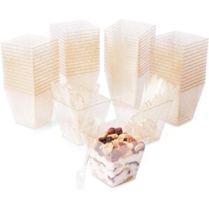 120 Pieces 7.5 oz Mini Dessert Cups with Spoons, Serves 60 Disposable Square Plastic Shooter Appetizer Parfait Bowl and Small Spoon Set, Clear Gold Glitter