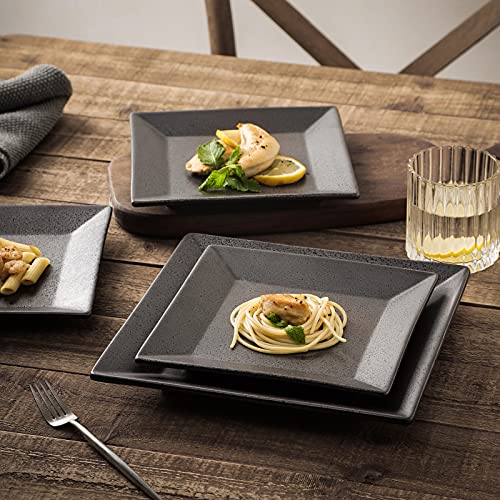 vicrays Ceramic Square Dinner Plates Set 10 inch Large Porcelain Serving Plates for Steak Pasta Pizza - Set of 4 - Dark Grey