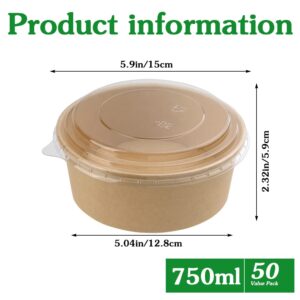 Huaiid Large Paper Bowl With Lids, 25 oz Kraft Paper Food Container, Paper Soup Bowls,Disposable Paper Salad Bowl For Chilled Pasta, Potato Salad, Fruit and More[750 ML 50 Pack]