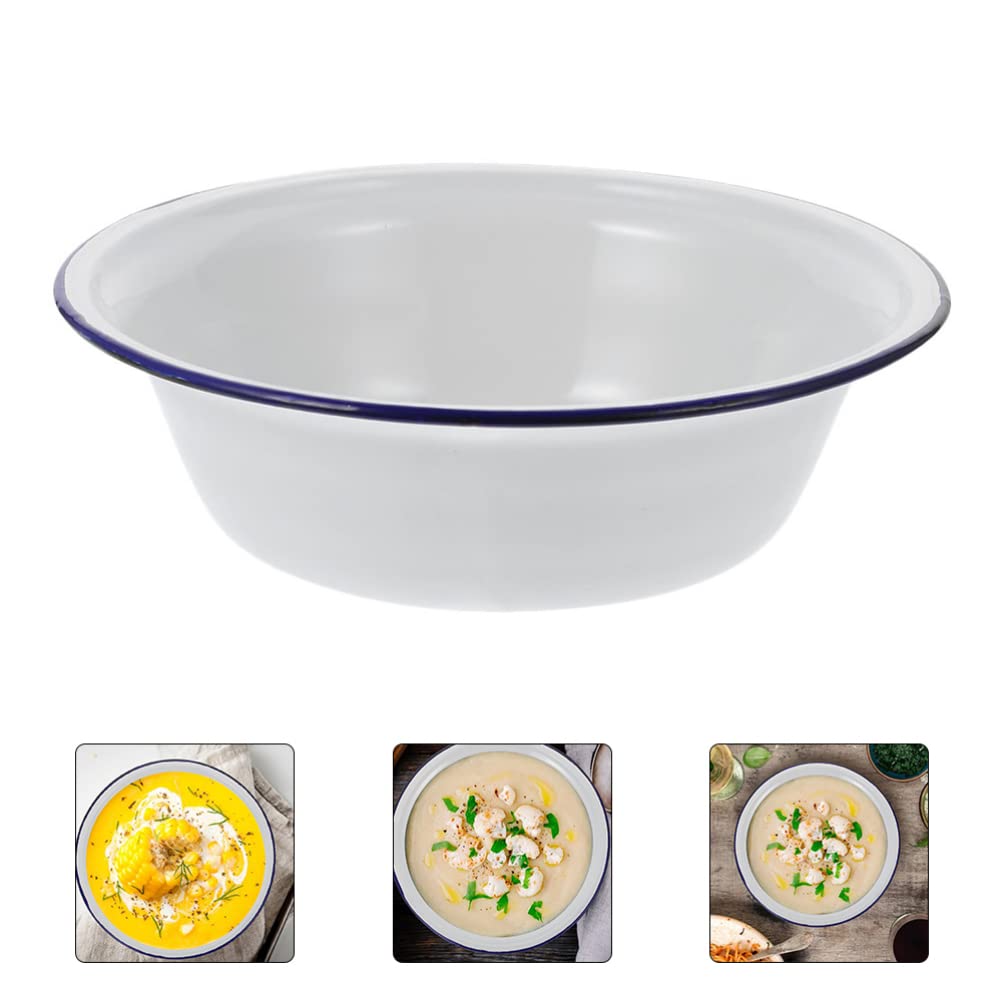 DOITOOL Vintage Enameled Basin 20cm Enamelware Mixing Bowl Shabby Chic Fruit Bowl Dough Bowl Washing Basin Rice Soup Bowl for Home Kitchen White