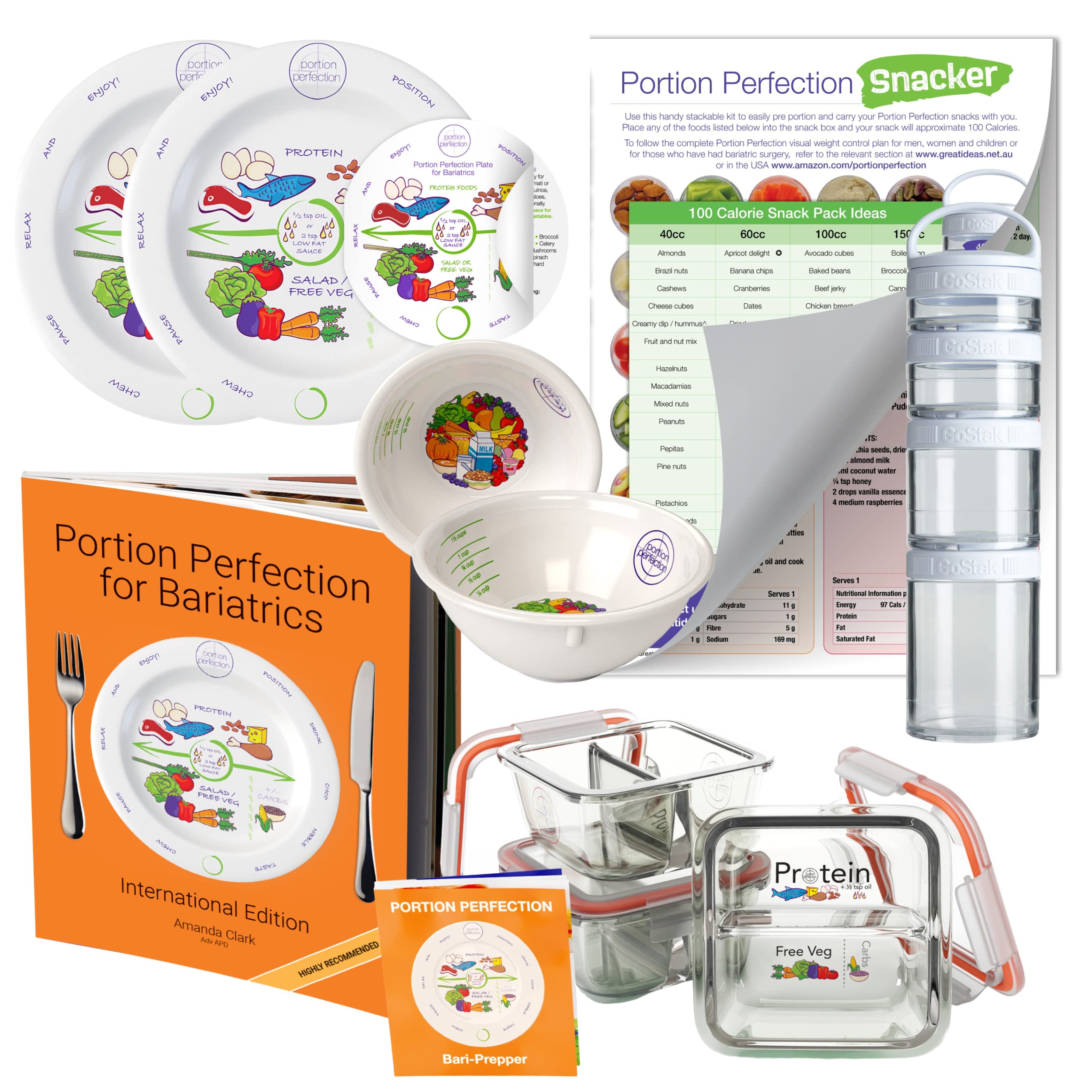 Bariatric Portion Control Plates Bowls Porcelain 8 Inch and with Clear Instruction Book, Meal Prep/Lunchbox Borosilicate Glass Containers and 100 Cal Snack Containers for Post-Surgery, Gastric Sleeve