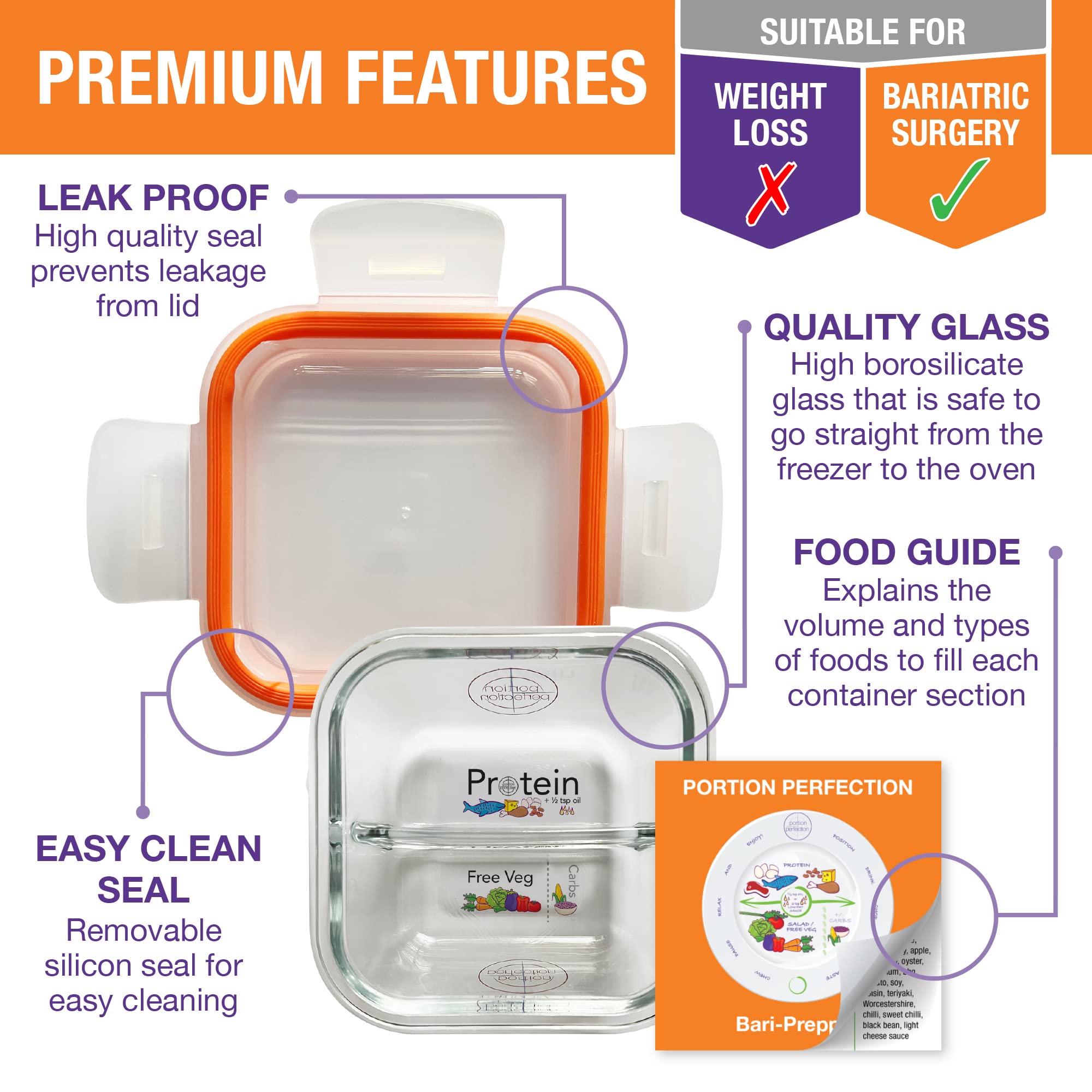 Bariatric Portion Control Plates Bowls Porcelain 8 Inch and with Clear Instruction Book, Meal Prep/Lunchbox Borosilicate Glass Containers and 100 Cal Snack Containers for Post-Surgery, Gastric Sleeve