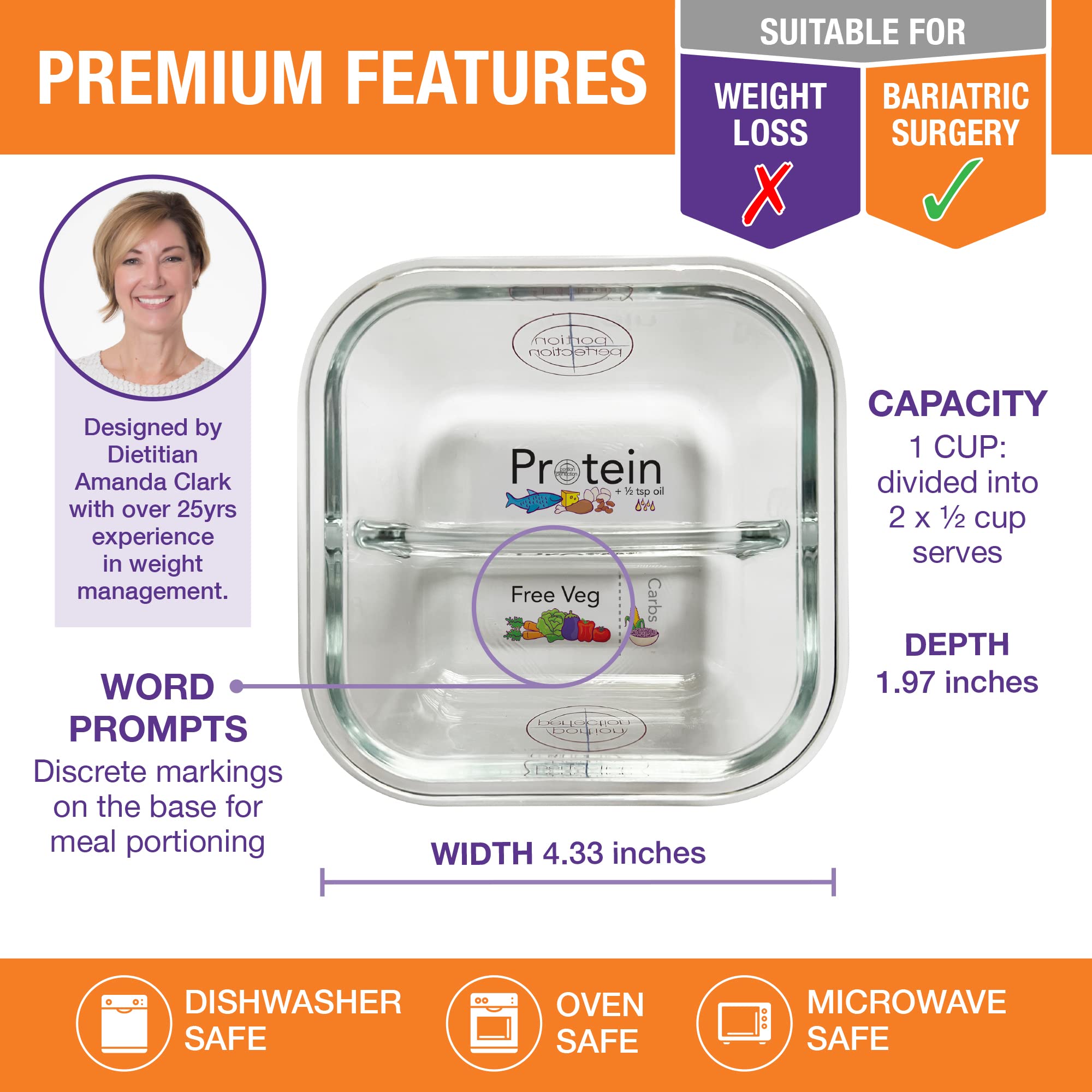 Bariatric Portion Control Plates Bowls Porcelain 8 Inch and with Clear Instruction Book, Meal Prep/Lunchbox Borosilicate Glass Containers and 100 Cal Snack Containers for Post-Surgery, Gastric Sleeve