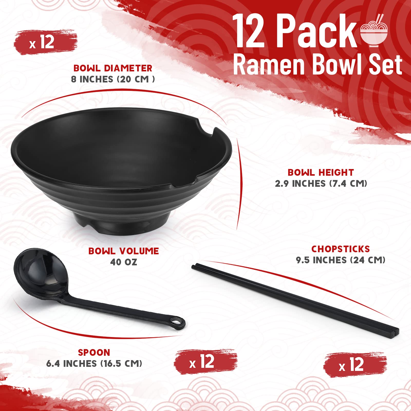 12 Set Ramen Bowl Japanese Style Ramen Bowls 42 oz Melamine Noodles Bowl Asian Chinese Large Soup Bowls with Spoons and Chopsticks for Pho Udon Soba Asian Dishes Ramen Noodles, Black