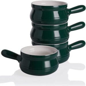 sweejar porcelain soup bowls with handle, 22 oz ceramic serving crocks for french onion soup, pumpkin soup, oatmeal, stew, dishwasher and microwave safe, set of 4 （jade）