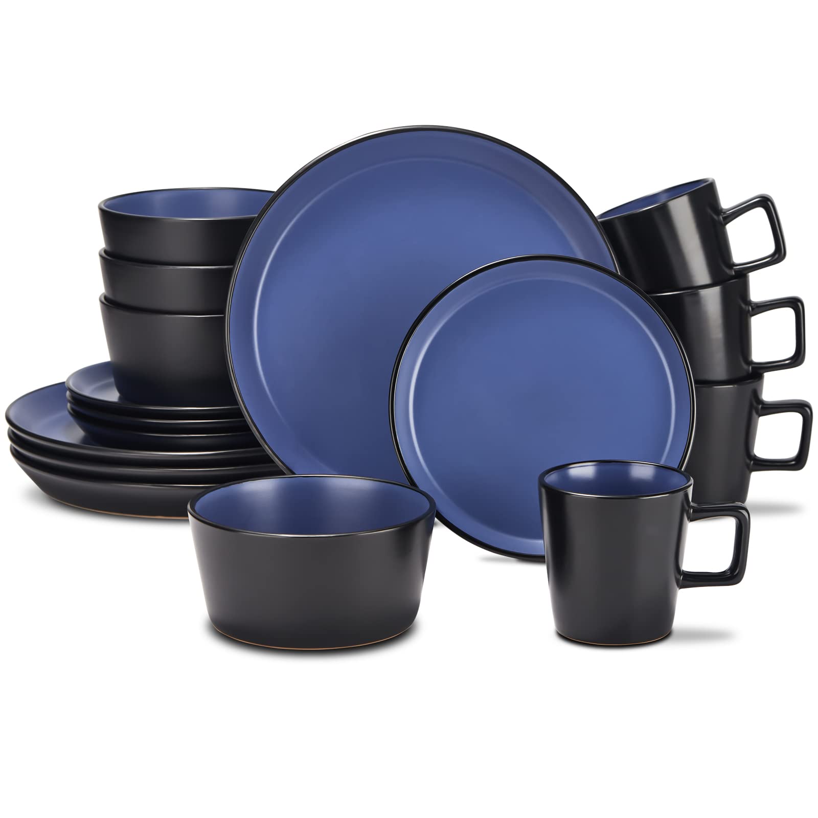 CREATIVELAND Round Stoneware Dinnerware Set Durable Kitchen and Dining,16 Piece Service For 4,Pasta Bowls,Large Salad Bowls,Porcelain Bowl,Wide and Shallow,Microwave and Dishwasher Safe. (Blue)