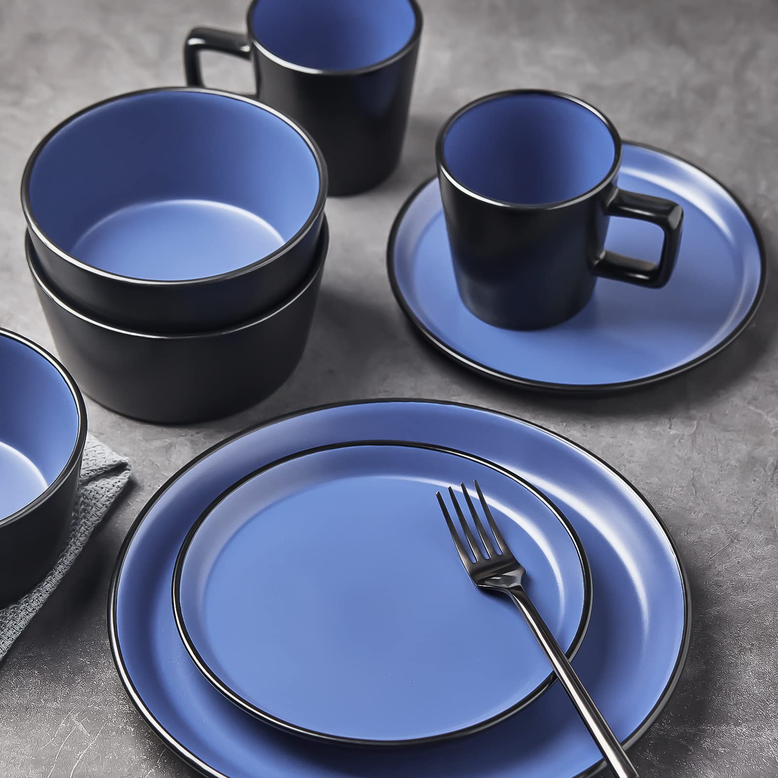 CREATIVELAND Round Stoneware Dinnerware Set Durable Kitchen and Dining,16 Piece Service For 4,Pasta Bowls,Large Salad Bowls,Porcelain Bowl,Wide and Shallow,Microwave and Dishwasher Safe. (Blue)