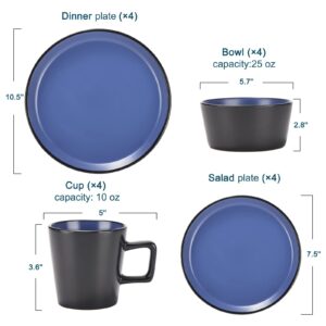 CREATIVELAND Round Stoneware Dinnerware Set Durable Kitchen and Dining,16 Piece Service For 4,Pasta Bowls,Large Salad Bowls,Porcelain Bowl,Wide and Shallow,Microwave and Dishwasher Safe. (Blue)