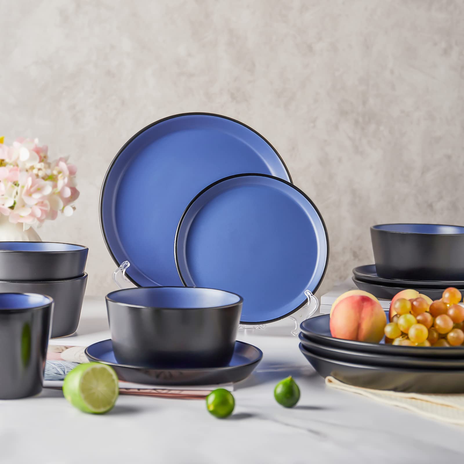 CREATIVELAND Round Stoneware Dinnerware Set Durable Kitchen and Dining,16 Piece Service For 4,Pasta Bowls,Large Salad Bowls,Porcelain Bowl,Wide and Shallow,Microwave and Dishwasher Safe. (Blue)