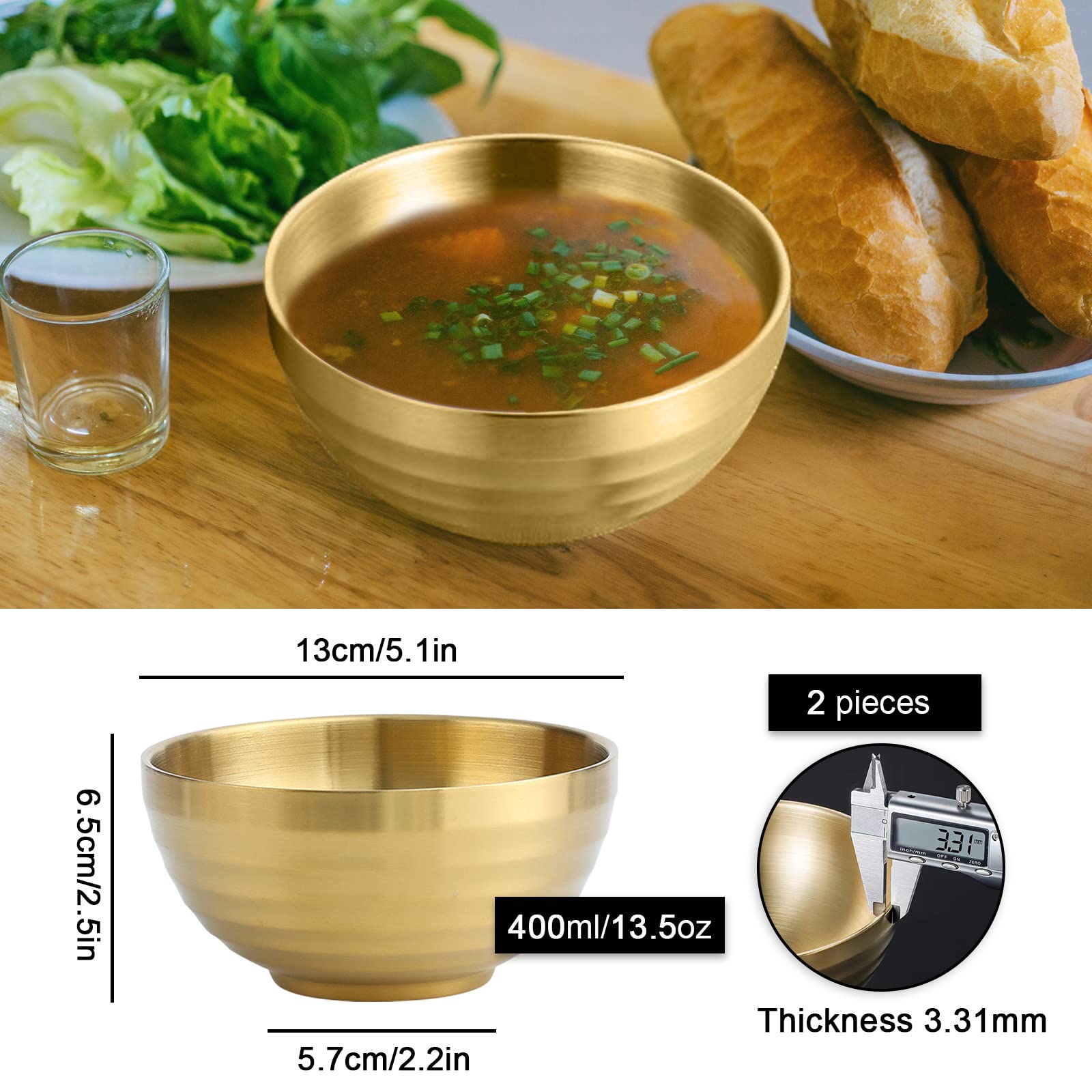 2Pcs 304 Stainless Steel Ramen Bowls, Non Slip Noodle Bowls, Double Wall Ramen Noodle Bowls, Soup Bowls, Serving Bowls for Cereal, Rice, Ice Cream (13cm)