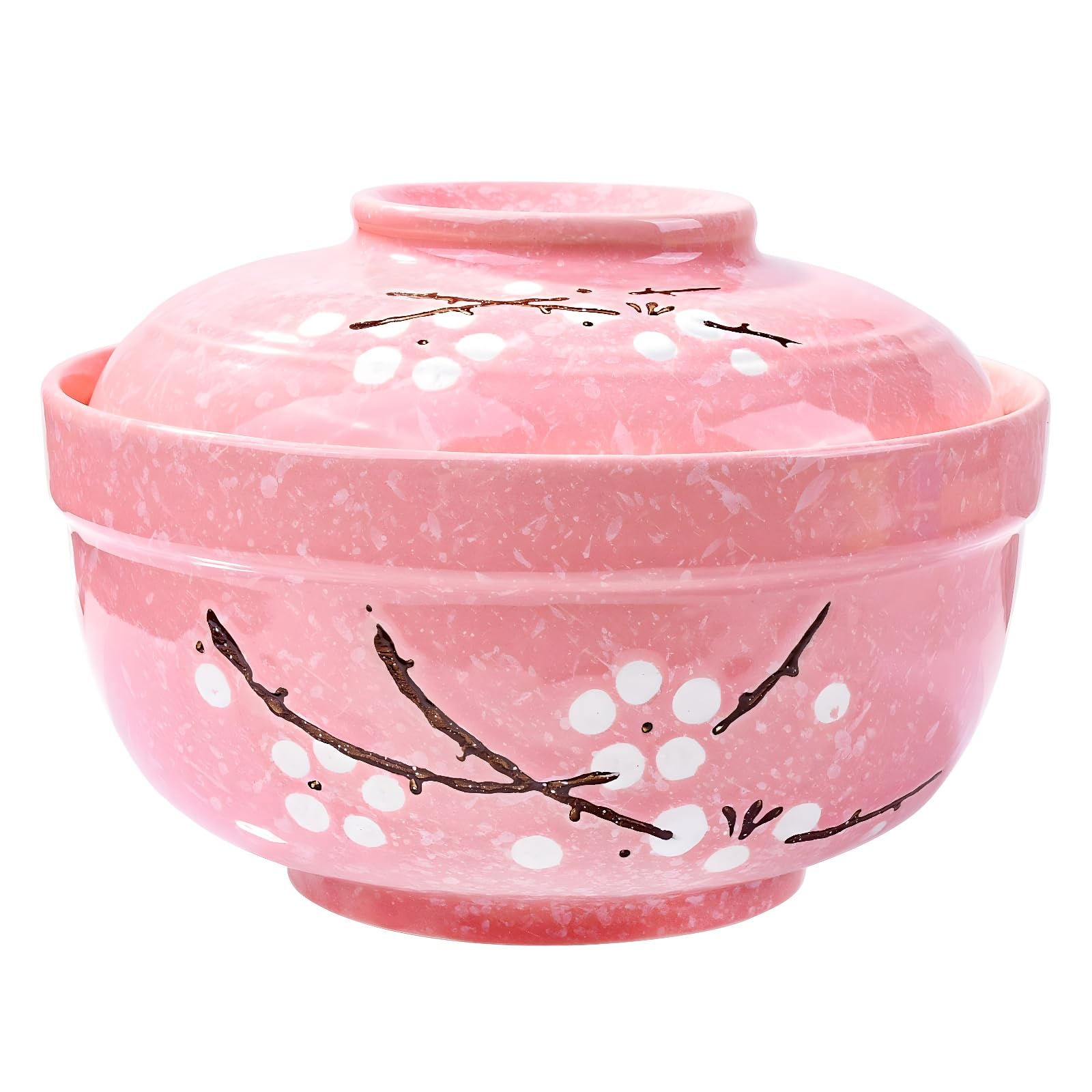 Whitenesser Ceramic Bowl with lids, Japanese Big Ceramic Ramen Bowl with Lid for Soup Rice Noodle and Porridge (Pink Flower