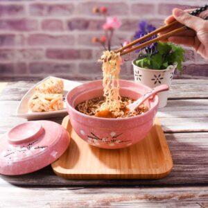 Whitenesser Ceramic Bowl with lids, Japanese Big Ceramic Ramen Bowl with Lid for Soup Rice Noodle and Porridge (Pink Flower