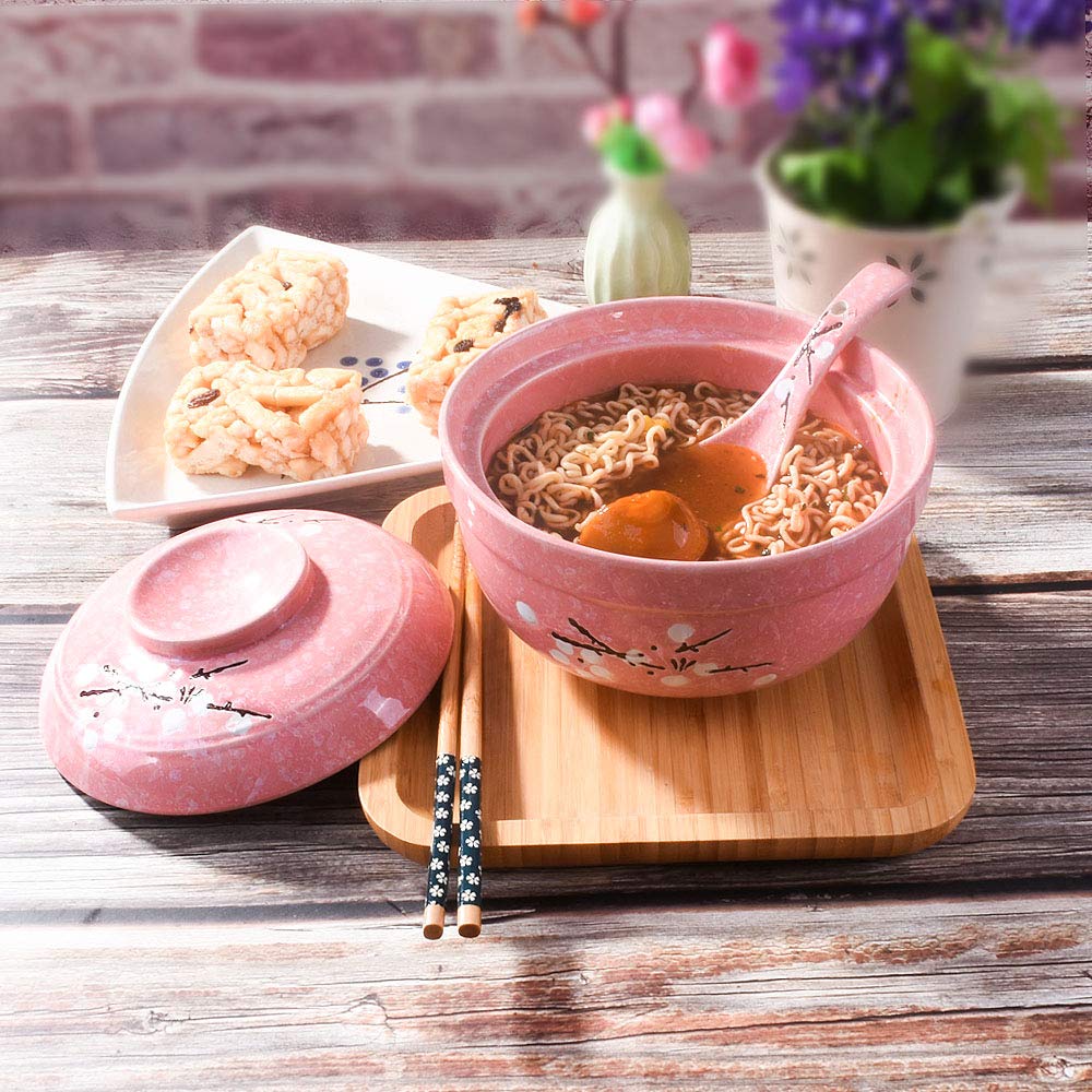 Whitenesser Ceramic Bowl with lids, Japanese Big Ceramic Ramen Bowl with Lid for Soup Rice Noodle and Porridge (Pink Flower