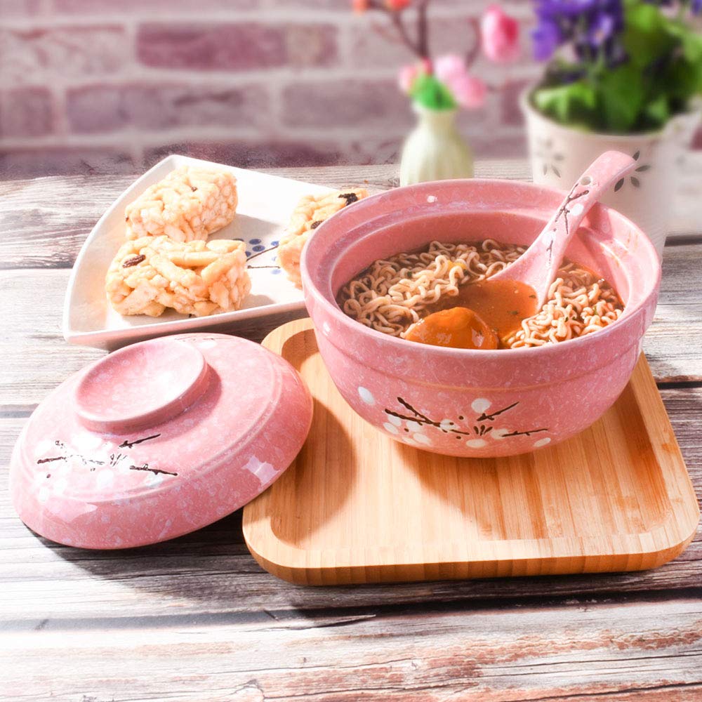 Whitenesser Ceramic Bowl with lids, Japanese Big Ceramic Ramen Bowl with Lid for Soup Rice Noodle and Porridge (Pink Flower