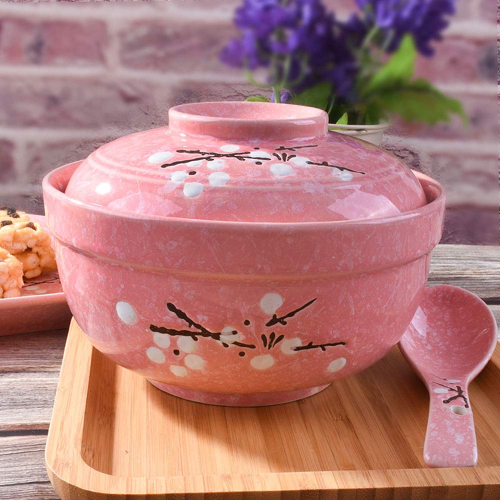 Whitenesser Ceramic Bowl with lids, Japanese Big Ceramic Ramen Bowl with Lid for Soup Rice Noodle and Porridge (Pink Flower