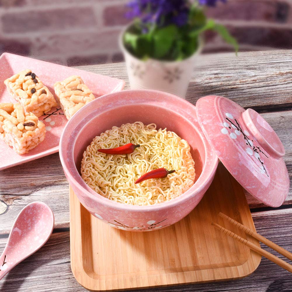 Whitenesser Ceramic Bowl with lids, Japanese Big Ceramic Ramen Bowl with Lid for Soup Rice Noodle and Porridge (Pink Flower