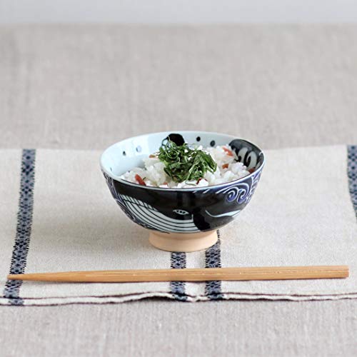 MINORU TOUKI White Wave Whale Blue Ceramic Rice Bowl Small φ4.72×H2.4in 5.64oz Made in Japan