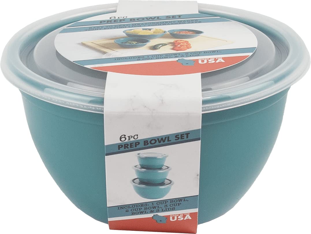 Wisconic 6-Piece Prep Bowl Set - Premium Plastic, Durable Kitchenware, Dishwasher Safe - Made in the USA - Light Teal