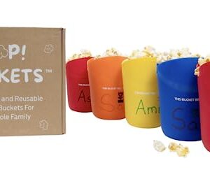 NA-1 POP! BUCKETS Personalized Silicone Popcorn Bowls - Set of 5 Single Serve Reusable Makers Microwave and Dishwasher Safe Popper Cup for Family Movie Night At Home, 5.7 x 3.9x 4.3 Inches