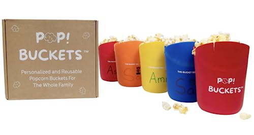 NA-1 POP! BUCKETS Personalized Silicone Popcorn Bowls - Set of 5 Single Serve Reusable Makers Microwave and Dishwasher Safe Popper Cup for Family Movie Night At Home, 5.7 x 3.9x 4.3 Inches