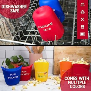 NA-1 POP! BUCKETS Personalized Silicone Popcorn Bowls - Set of 5 Single Serve Reusable Makers Microwave and Dishwasher Safe Popper Cup for Family Movie Night At Home, 5.7 x 3.9x 4.3 Inches