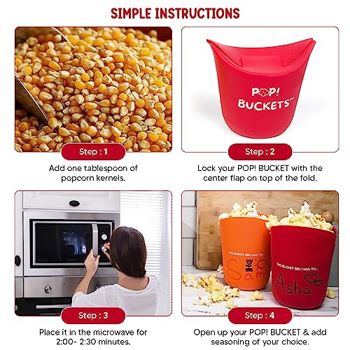 NA-1 POP! BUCKETS Personalized Silicone Popcorn Bowls - Set of 5 Single Serve Reusable Makers Microwave and Dishwasher Safe Popper Cup for Family Movie Night At Home, 5.7 x 3.9x 4.3 Inches