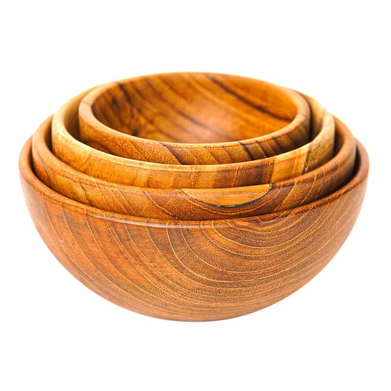 Rainforest Bowls Set of 4 Javanese Teak Wood Mini Dipping Bowls - 4" Diameter- Perfect for Daily Use, Hot & Cold Friendly, Ultra-Durable- Premium Wooden Bowls- Handcrafted by Indonesian Artisans