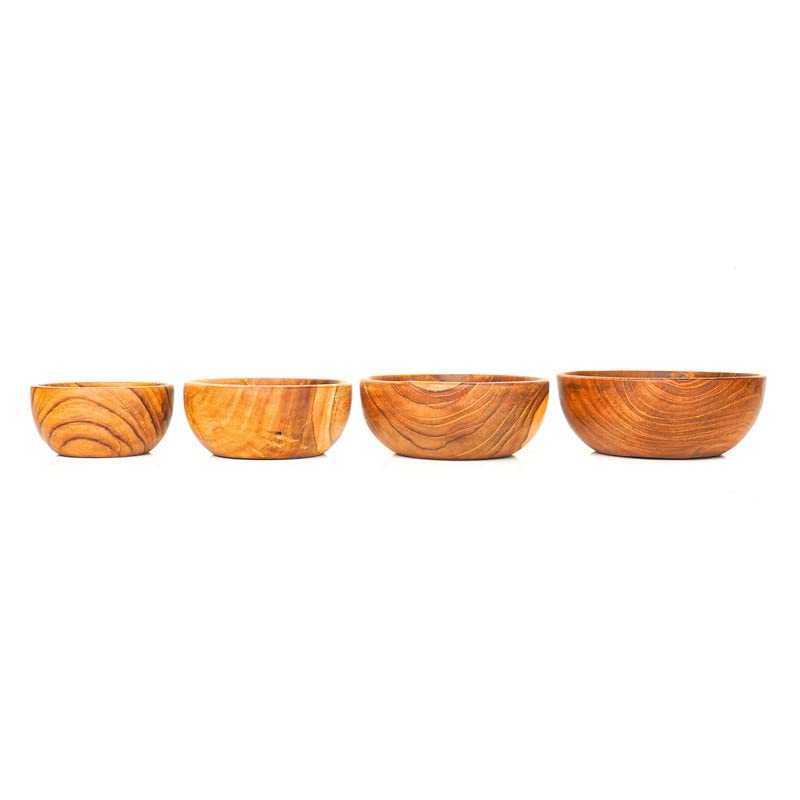 Rainforest Bowls Set of 4 Javanese Teak Wood Mini Dipping Bowls - 4" Diameter- Perfect for Daily Use, Hot & Cold Friendly, Ultra-Durable- Premium Wooden Bowls- Handcrafted by Indonesian Artisans