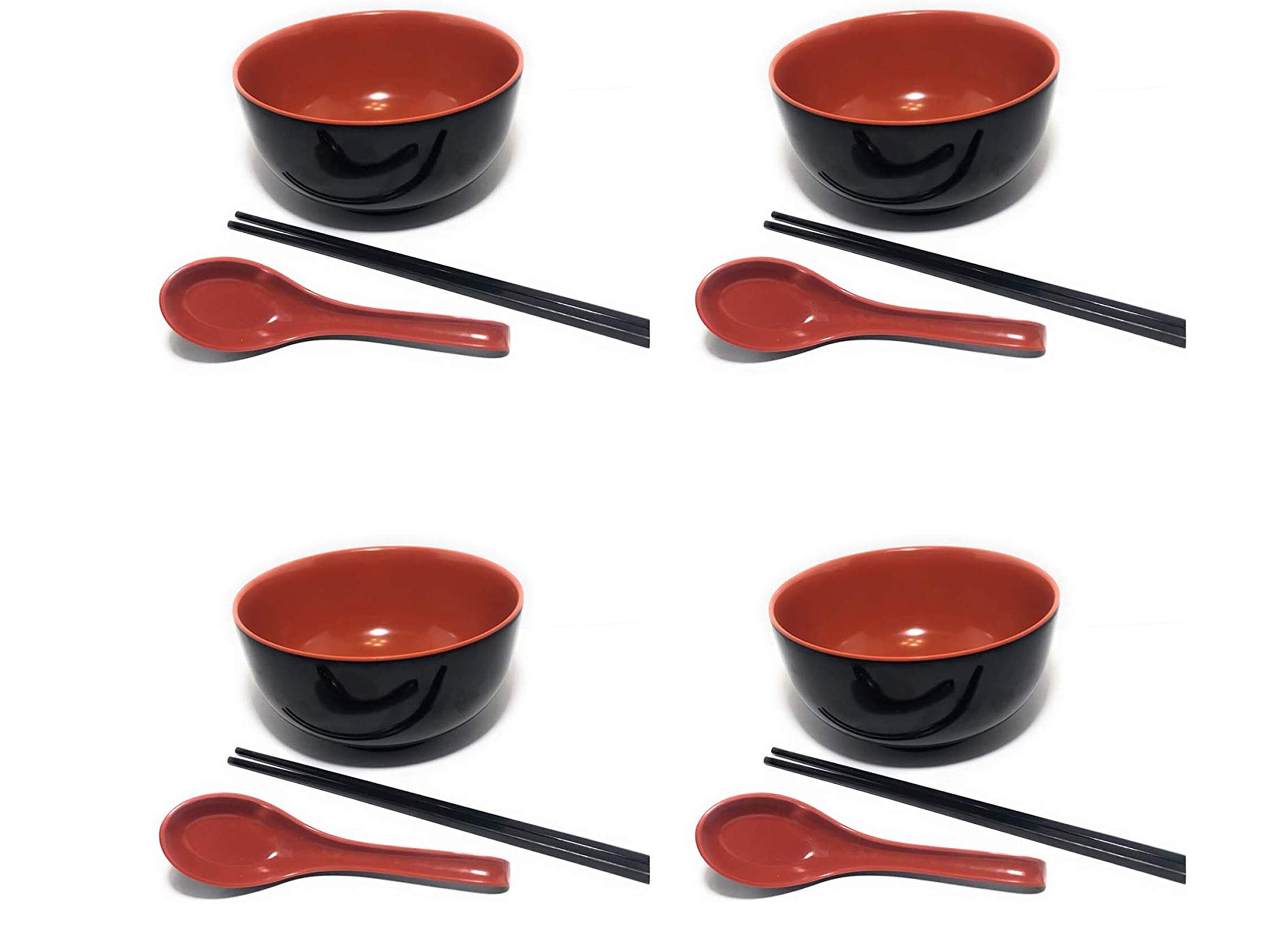 ROVATTA Ramen Noodle Soup Bowl Set- 12Pcs (4 SETS) 48 Oz Japanese Melamine Ramen (4) Spoons & (4) Chopstick Sets, Dishwasher Safe, Restaurant Quality Ideal For Ramen, Pho, Noodles & All Asian Cuisine