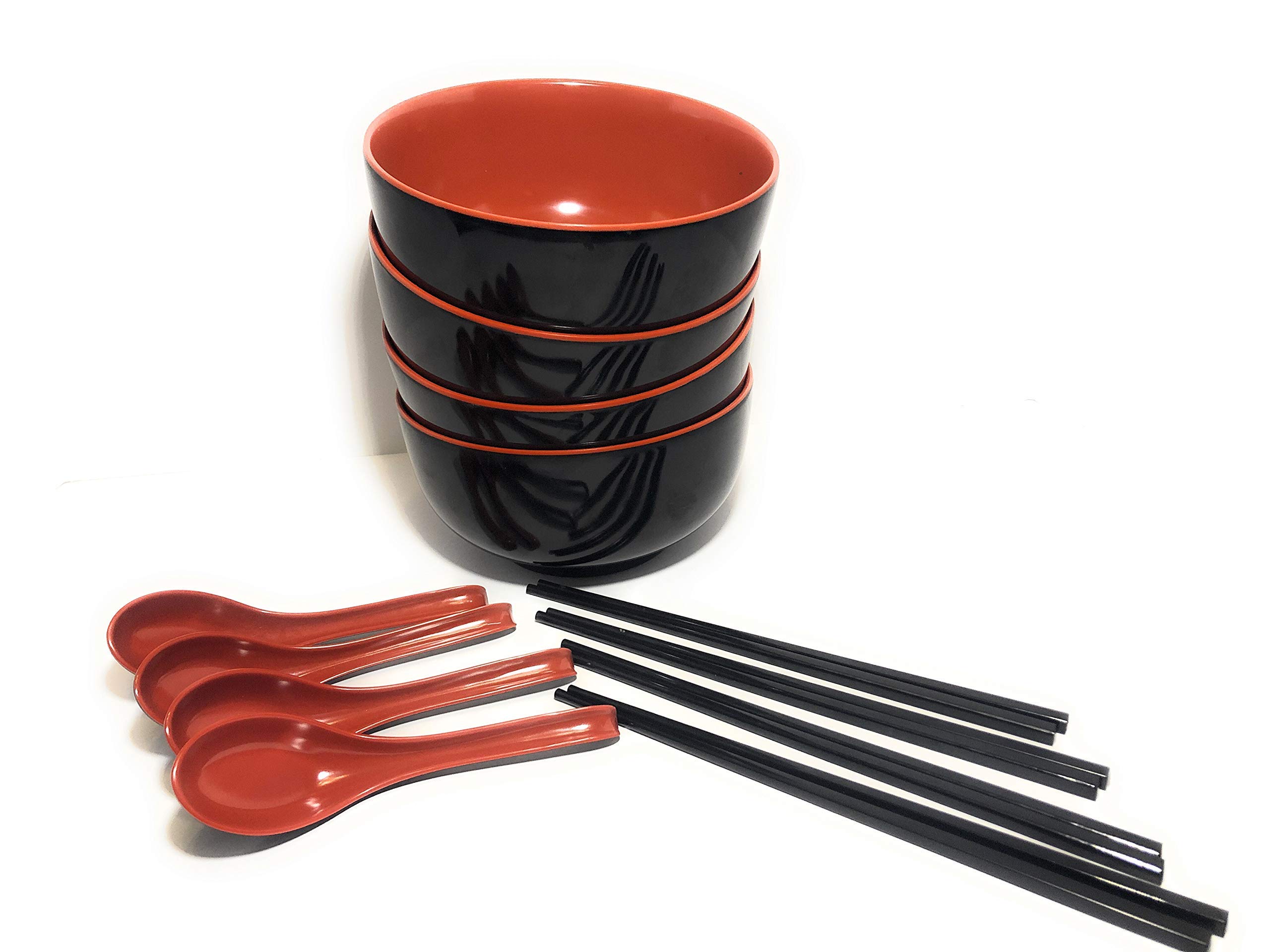 ROVATTA Ramen Noodle Soup Bowl Set- 12Pcs (4 SETS) 48 Oz Japanese Melamine Ramen (4) Spoons & (4) Chopstick Sets, Dishwasher Safe, Restaurant Quality Ideal For Ramen, Pho, Noodles & All Asian Cuisine