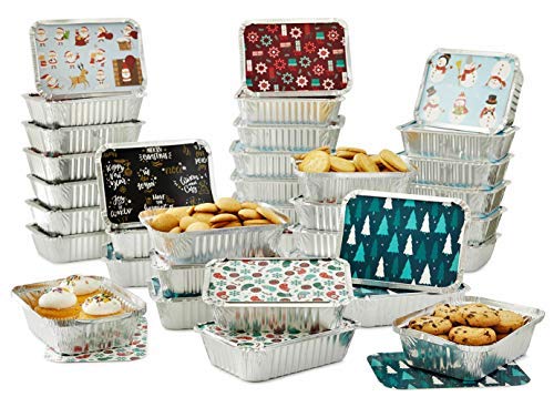 Set of 36 Christmas Treat Foil Containers - 6 Holiday Designs, Snowman & Santa Festive Cover Print - 7"L x 5"W x 1.5"D - Disposable Food Storage Pan for Party Leftovers or Cookie Exchange