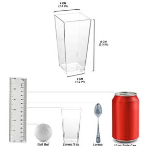 LSR LORESO Tall Square Clear Plastic Dessert Cup, 3 oz Pack of 96 -Mini Cups for Serving Tasting Party Desserts, Appetizers, and Small Portions, Trifle Bowl Tumbler - Reusable 96CT