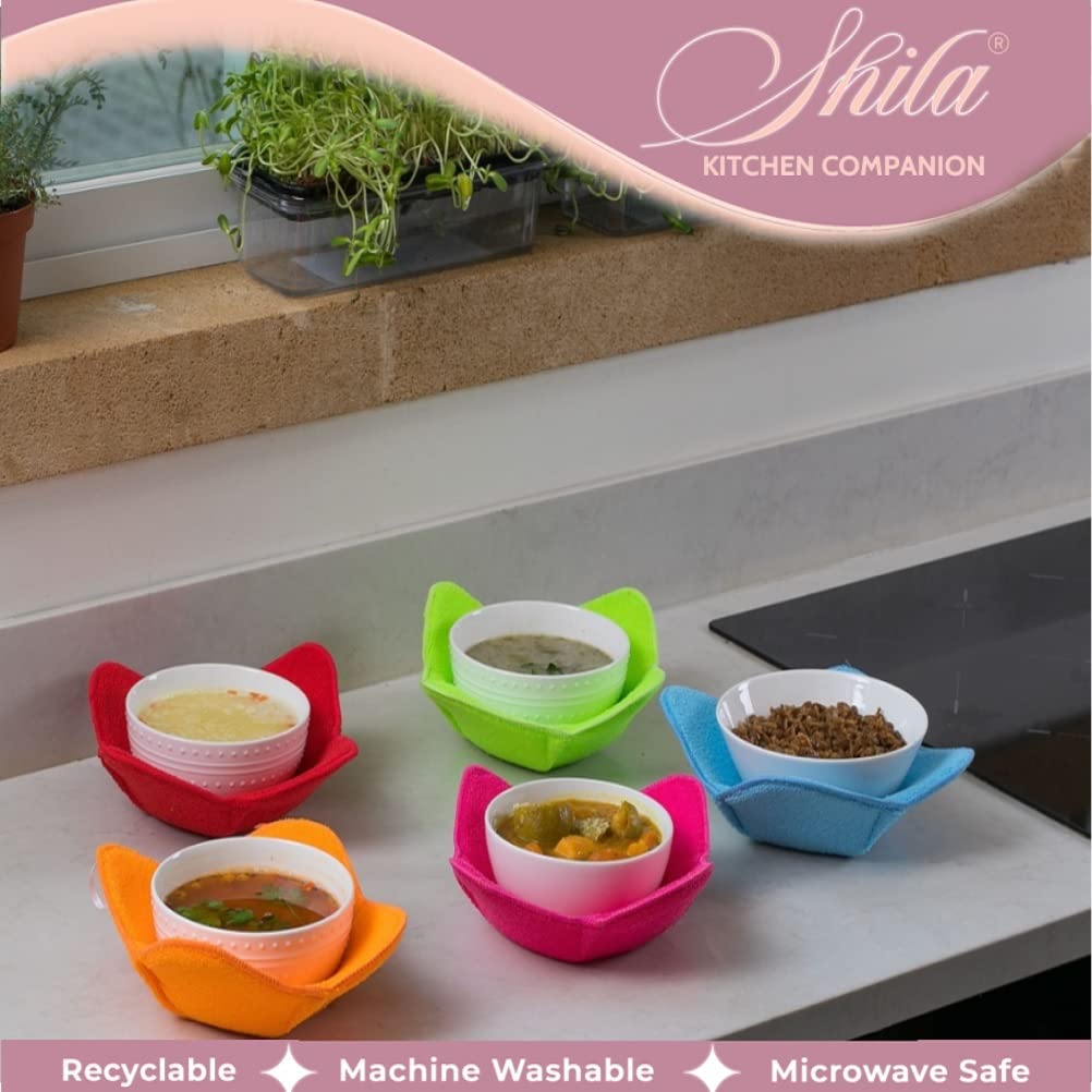 SHILA Bowl Snuggies, Designed Set of Microwave-Safe Hot Bowl Holder to Keep Your Hands Cool and Your Meal Warm, Polyester & Sponge Heat Resistant Dish Pads for Soup, Rice and Pasta Bowls (4, Kitchen)