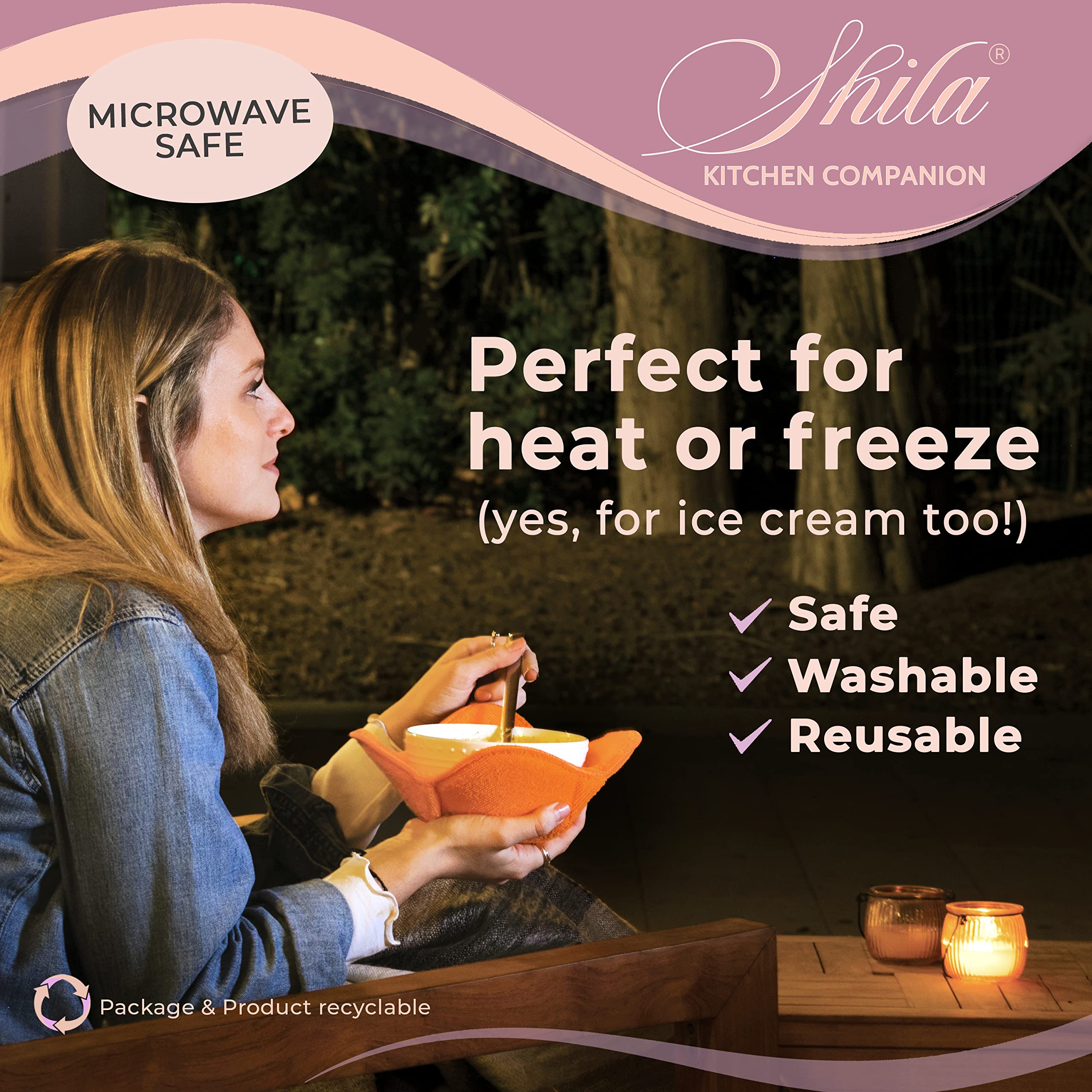 SHILA Bowl Snuggies, Designed Set of Microwave-Safe Hot Bowl Holder to Keep Your Hands Cool and Your Meal Warm, Polyester & Sponge Heat Resistant Dish Pads for Soup, Rice and Pasta Bowls (4, Kitchen)