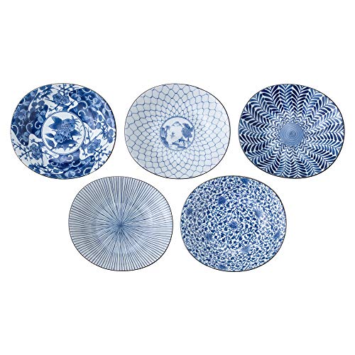 西海陶器(Saikaitoki) Saikai Pottery 31302 Oval Anti-Potted Indigo, Pictorial Changing, Presentation Box, Made in Japan, 8.7 x 7.9 inches (22 x 20 cm), Set of 5