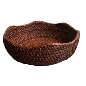 amololo handmade rattan round fruit basket food storage bowls kitchen organizer snack serving bowl 10 inch wavy edge circle tray basket with 3” deep wall, dark brown décor display tray bowl, m