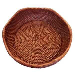 AMOLOLO Handmade Rattan Round Fruit Basket Food Storage Bowls Kitchen Organizer Snack Serving Bowl 10 Inch Wavy Edge Circle Tray Basket with 3” Deep Wall, Dark Brown Décor Display Tray Bowl, M