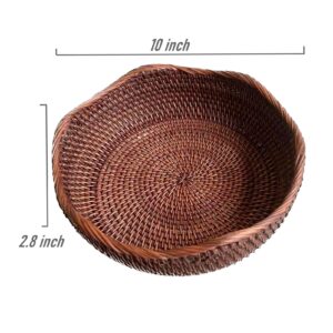 AMOLOLO Handmade Rattan Round Fruit Basket Food Storage Bowls Kitchen Organizer Snack Serving Bowl 10 Inch Wavy Edge Circle Tray Basket with 3” Deep Wall, Dark Brown Décor Display Tray Bowl, M