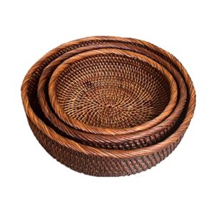 amololo 3 pack round rattan bowl basket, 8 9 10 inch handmade wicker basket tray with scalloped edge and 3”deep wall, woven dark brown bread basket fruit bowl key holder table centerpiece, 3-size