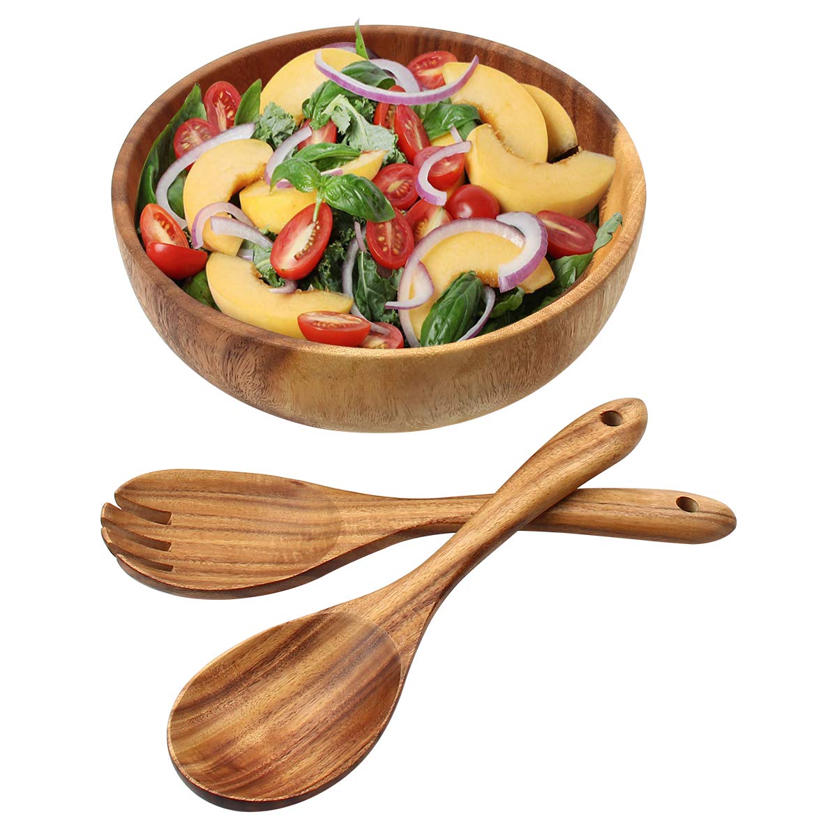 Mochiglory Acacia Woonden Salad Bowl with Servers Set, 9.4inchs Large Salad Wooden Bowl with Spoon and Fork for Fruits or Salads（Set of 3）