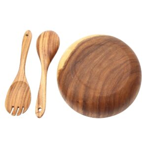 Mochiglory Acacia Woonden Salad Bowl with Servers Set, 9.4inchs Large Salad Wooden Bowl with Spoon and Fork for Fruits or Salads（Set of 3）