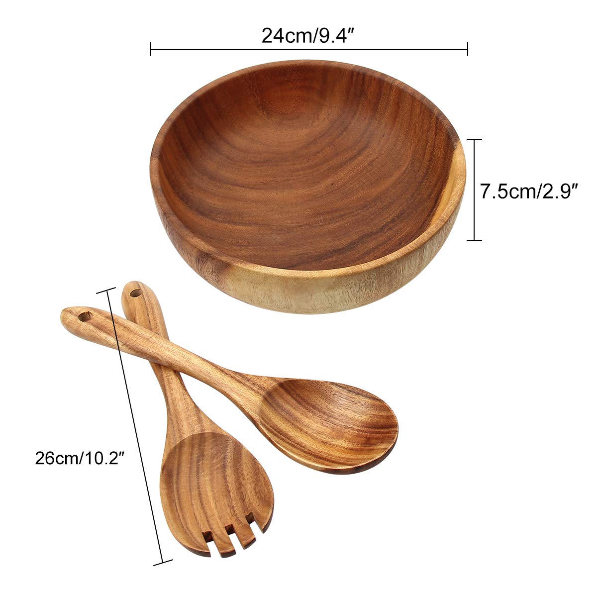 Mochiglory Acacia Woonden Salad Bowl with Servers Set, 9.4inchs Large Salad Wooden Bowl with Spoon and Fork for Fruits or Salads（Set of 3）