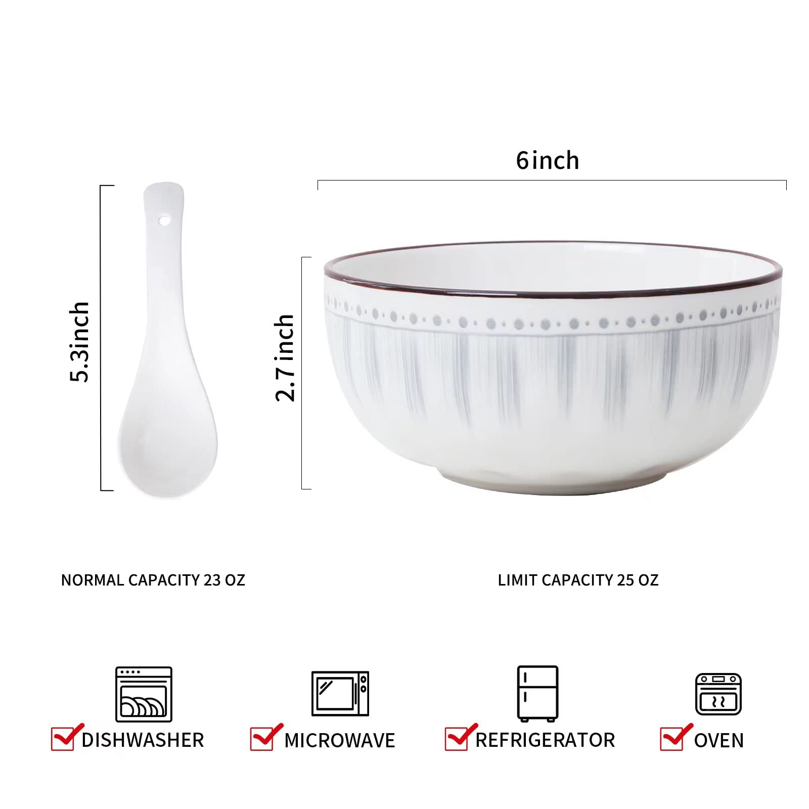 Binvertaocier 6 Inch Ceramic Cereal Bowls Set of 4, 25 Ounce Soup Bowls and Spoons Set for 4,Bowls for Noodle Ramen Dessert Salad Dishwasher & Microwave Safe Gifts for Housewarming