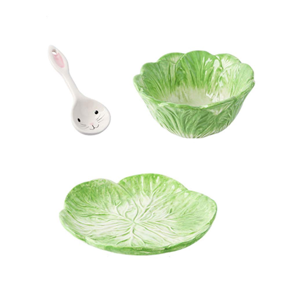 Espicades Cabbage Series Cartoon Ceramic Dinner Bowl&Plate with Spoon Set-Pink/Green(1 Bowl+1 Plate+1 Spoon) Set of 3