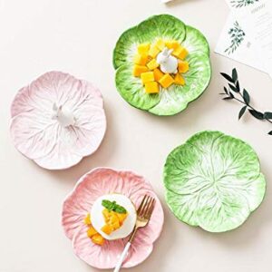 Espicades Cabbage Series Cartoon Ceramic Dinner Bowl&Plate with Spoon Set-Pink/Green(1 Bowl+1 Plate+1 Spoon) Set of 3